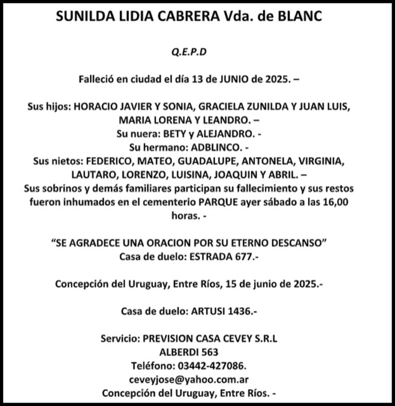 SUNILDA LIDIA CABRERA Vda. de BLANC QEPD | 03442 | NOTICIAS