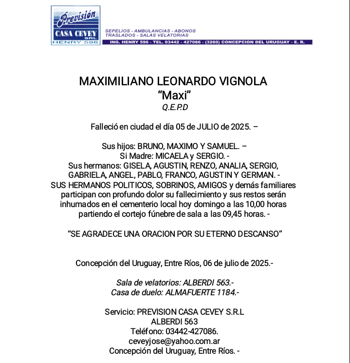 Maximiliano Leonardo Vignola QEPD | 03442 | NOTICIAS
